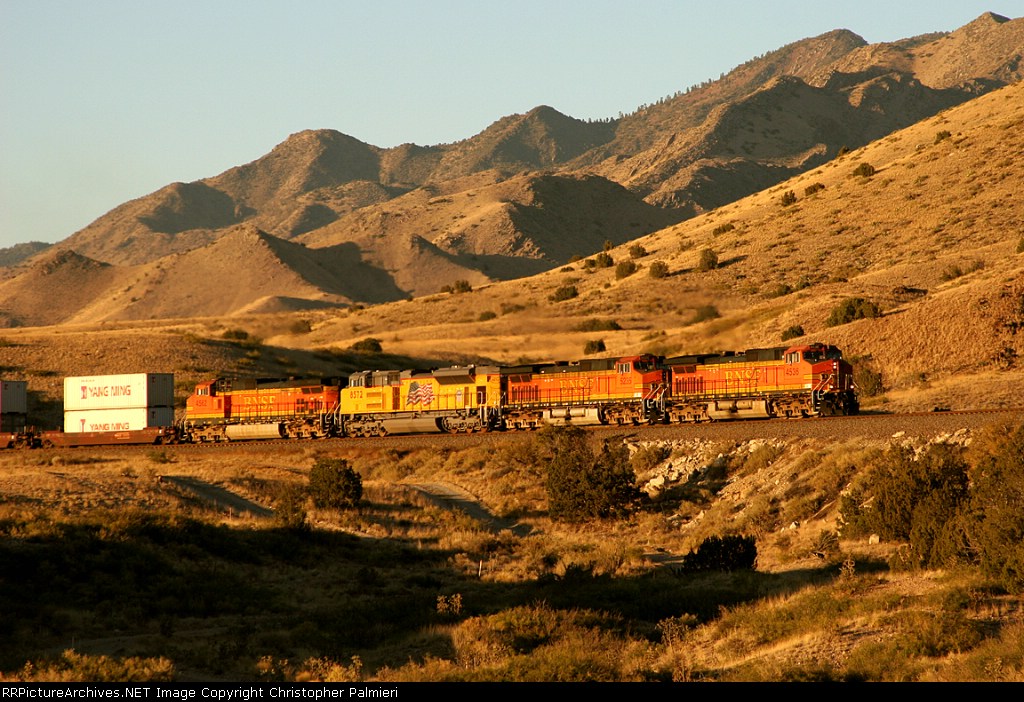 BNSF 4536, BNSF 5235, UP 8572, and BNSF 4562